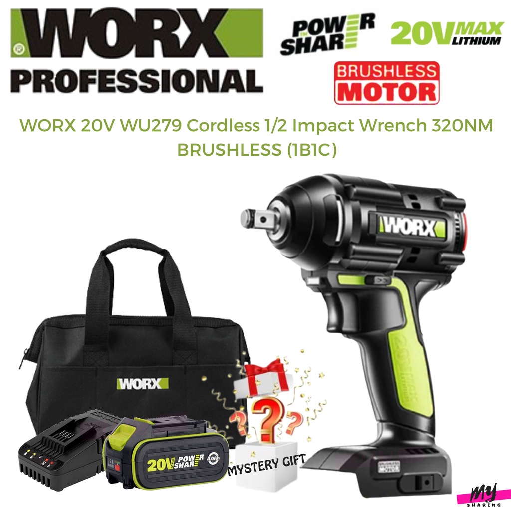 Worx 20v Wu279 Cordless 1 2 Impact Wrench 320nm Brushless 1b1c