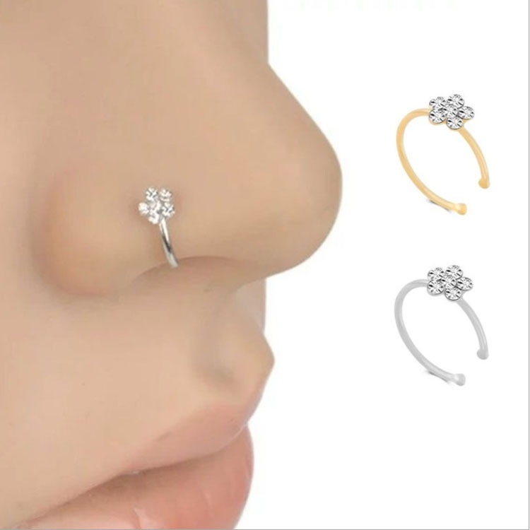 Cincin hidung palsu bunga plum bertabur berlian, aksesori perak ...