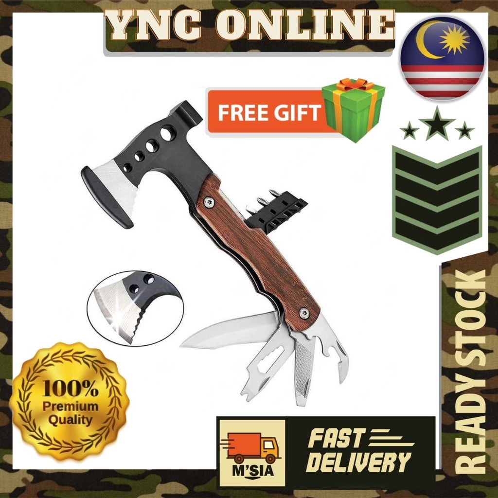 [Ready Stock] 12 in 1 Pocket Hatchet Camping Tool Multitool Axe ...