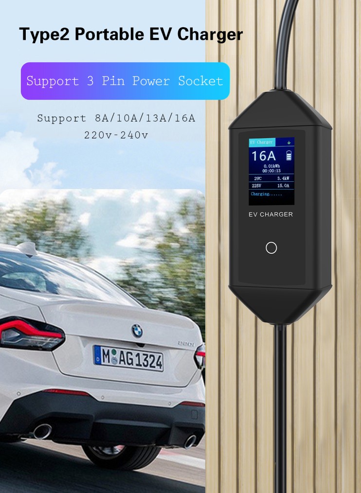 EV PHEV Car Charger Type 2 Portable Charger Color LED Screen 16A 13A ...