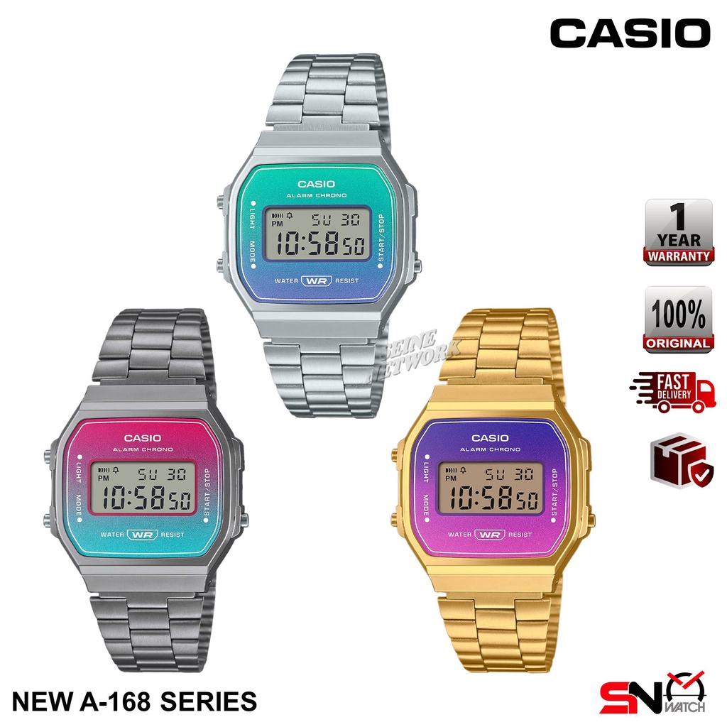 Casio Vintage A168WER A168WERB A168WERG Gradient Dial Digital Stainless Steel Band Unisex Watch ...