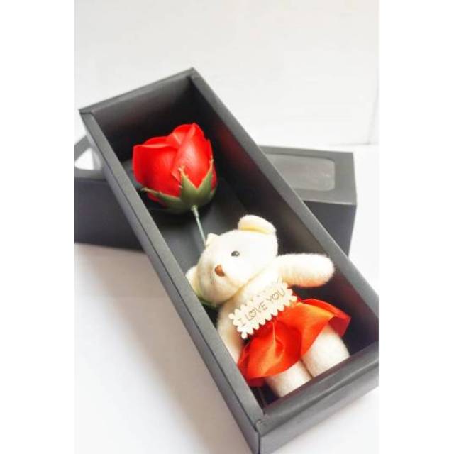 MAWAR 1 rose flower box with flowet giftset box with teddybear bear ...