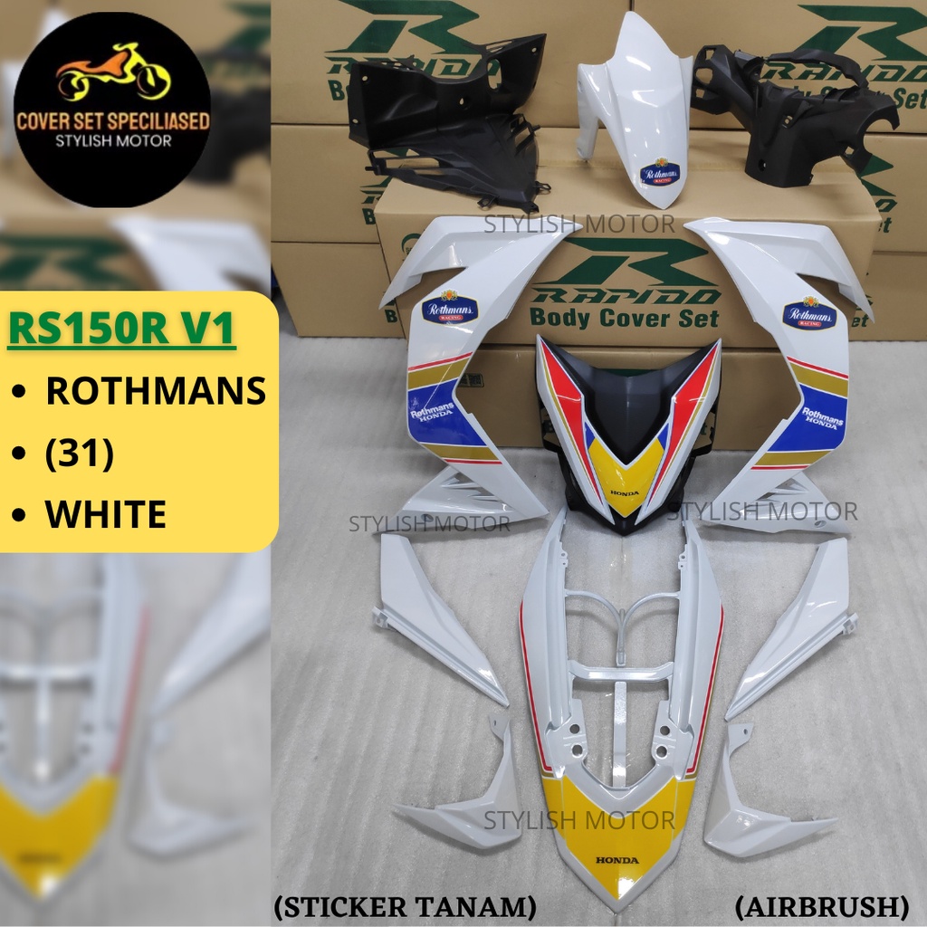 (STICKER TANAM/AIRBRUSH) RAPIDO COVER SET HONDA RS150 RS150R V1/V2/V3 ROTHMANS (31) WHITE ...