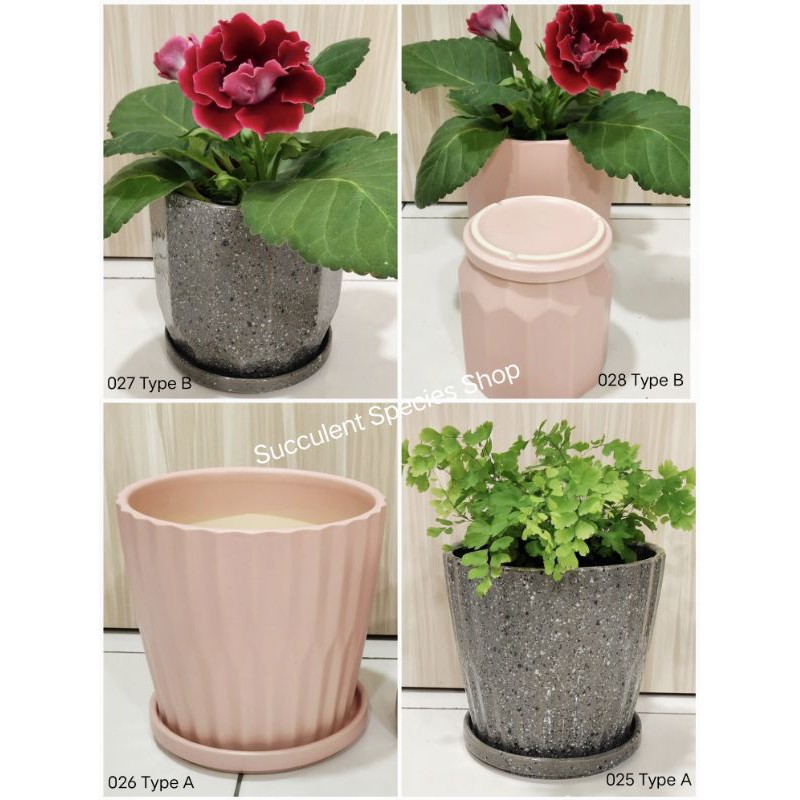 Flower pot with plate/Ceramic pot (Pink / Grey) 2 designs (Small ...