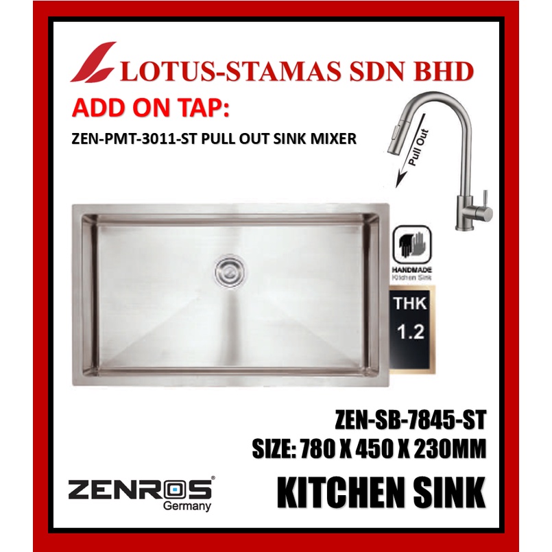 ZENROS ZEN-SB-7845-ST SUS304 STAINLESS STEEL KITCHEN SINK COMPLETE WITH ...