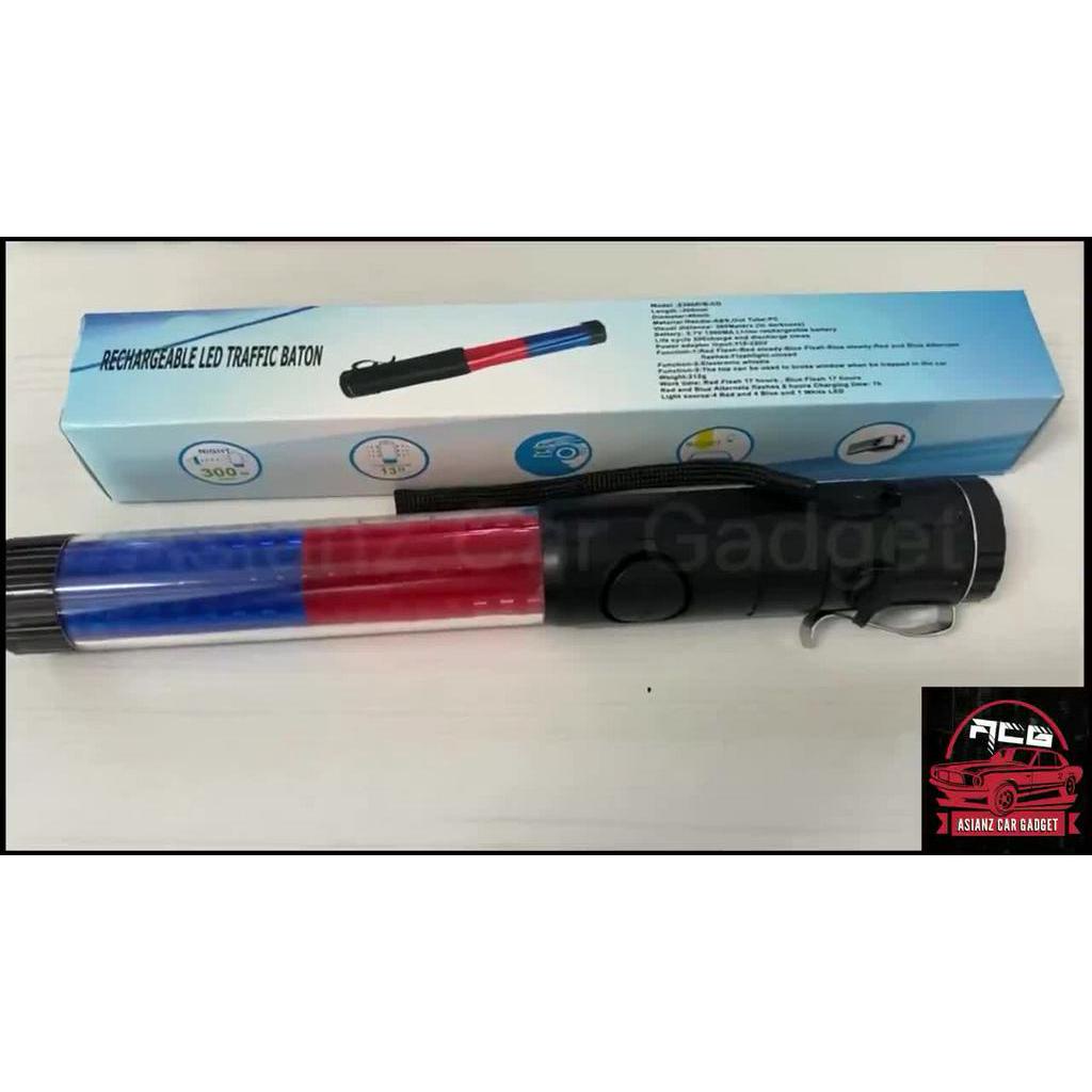Rechargeable LED Traffic Baton Light with Siren | Red & Blue Flashlight ...