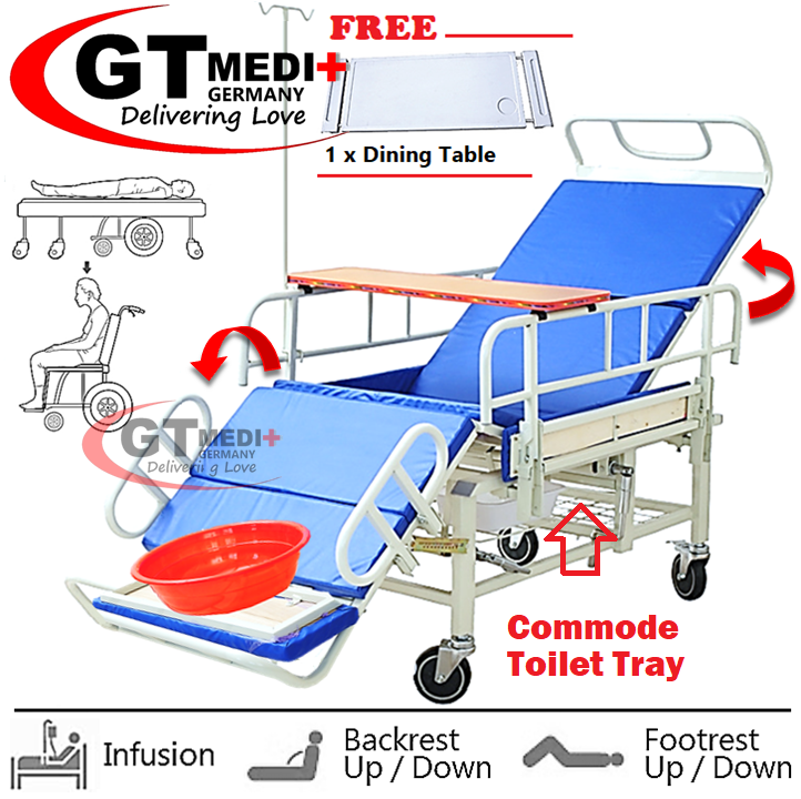 WCB-08 GT MEDIT GERMANY Double Crank Turn Hospital Nursing Wheelchair Bed Mattress Table ...