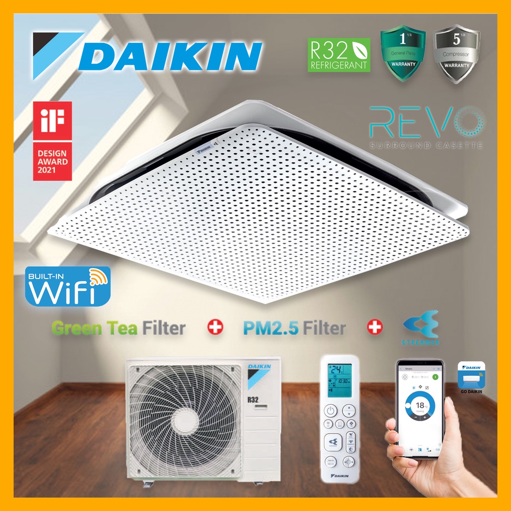 Daikin R32 REVO Surround Premium Ceiling Cassette Non Inverter FCFV-A Series With WIFI Smart ...