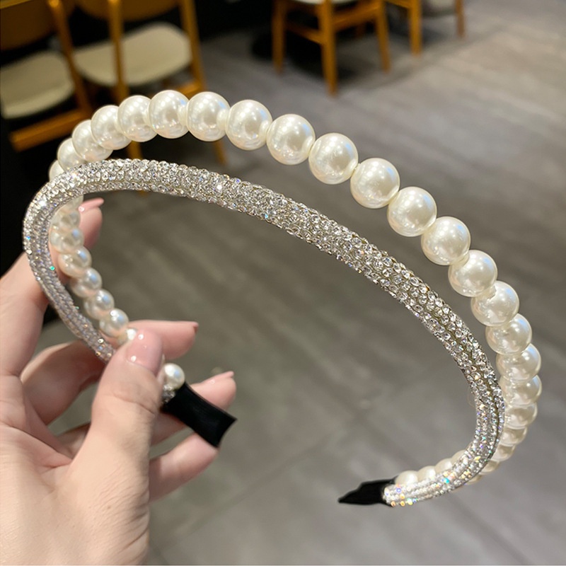 Retro Double Row Pearl Headband For Woman Rhinestone Headbands Double