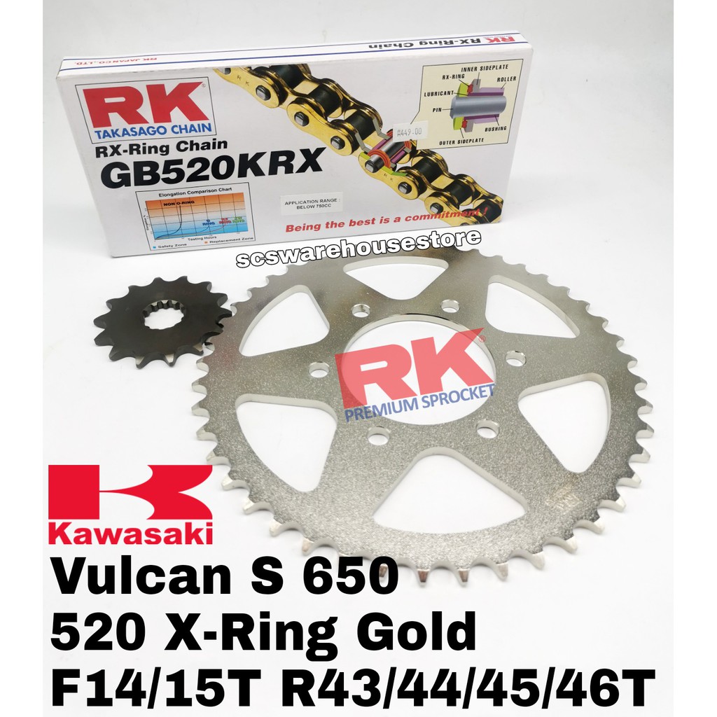 RK Sprocket Set Kawasaki Vulcan S 650 KRX 520 X-Ring Black Gold Chain ...