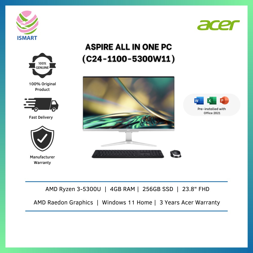 Acer AIO Desktop PC Aspire C24-1100-5300W11 23.8" ( Ryzen 3 5300U, 4GB, 256GB SSD, Radeon, W11 ...