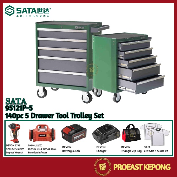 SATA - 95121P-5 140pc 5 Drawer Tool Trolley Set + DEVON Tools ( 5733 / ...