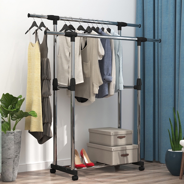 BIGSPOON Double Pole Garment Rack Adjustable Clothes Drying Rack Rak ...