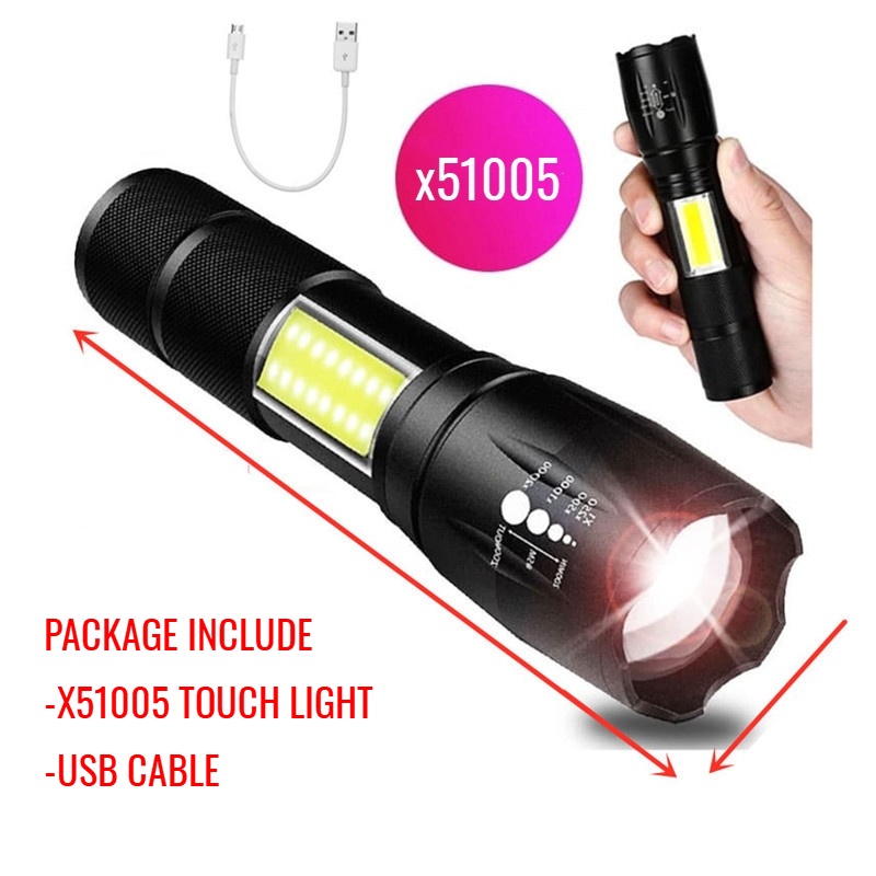 STRAP 2 Mode Rechargeable Waterproof CLIP/X51005/P50 LED Torch Light WITH STRAP XPE + COB USB ...