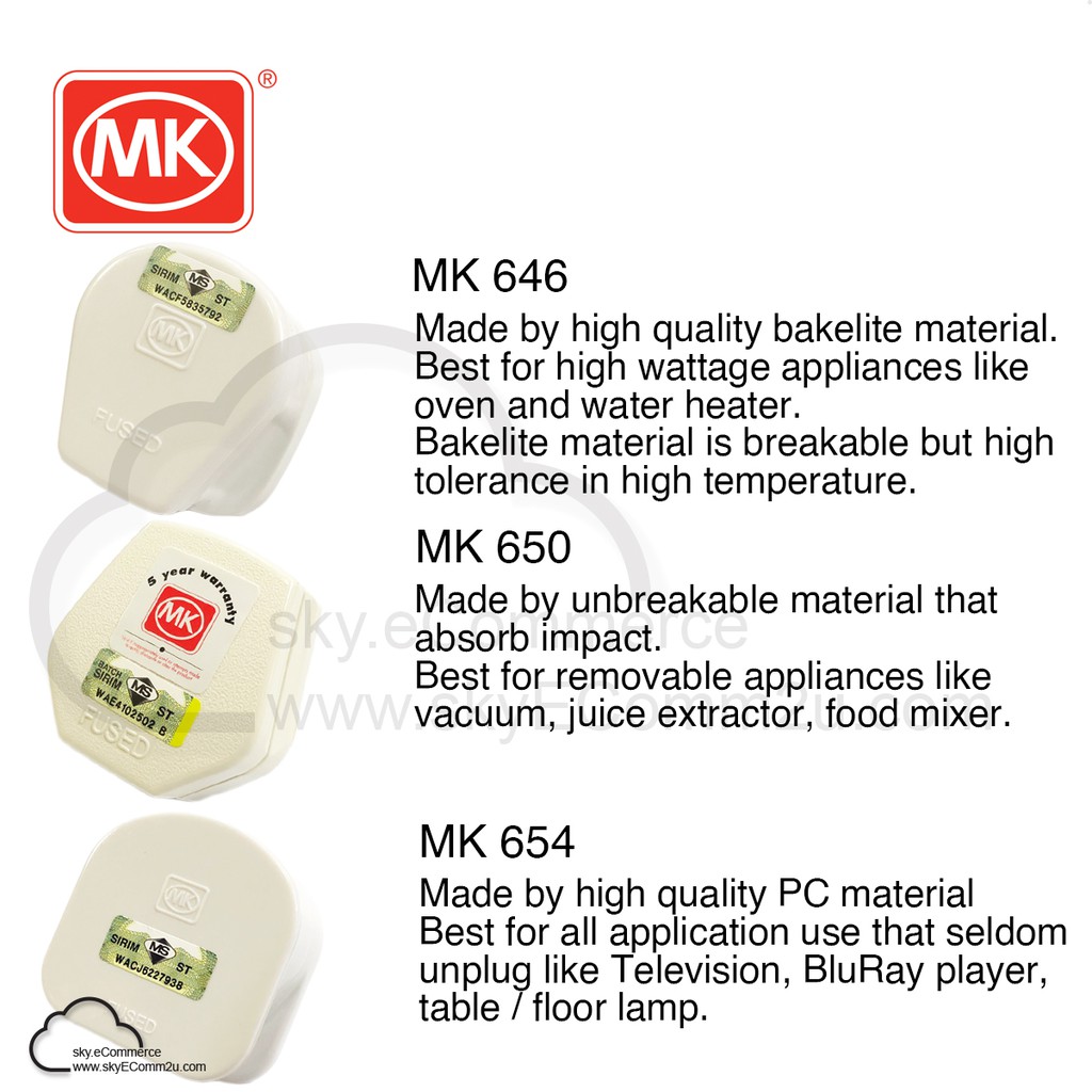 MK 654 646 650 13A 3 PIN PLUG TOP SIRIM MK654 MK646 MK650 | Shopee Malaysia
