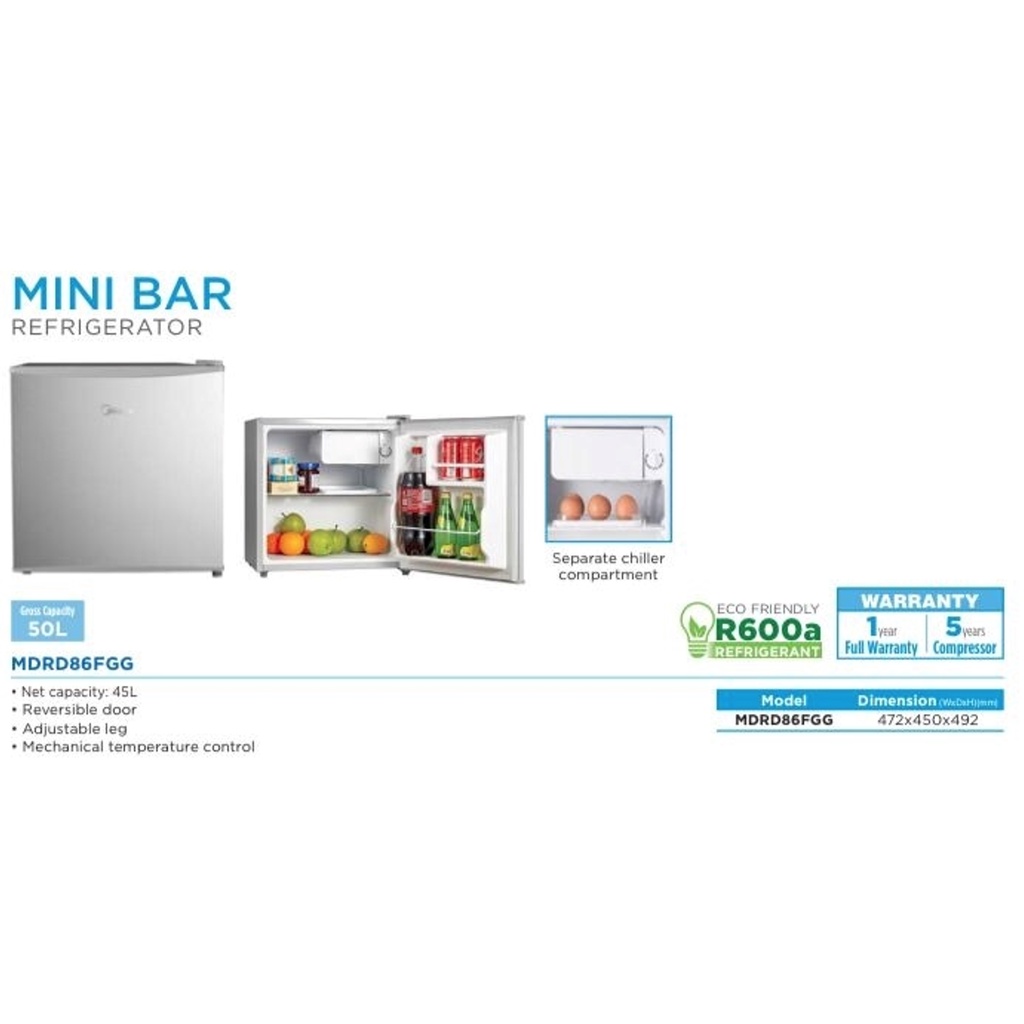 Midea 50L Mini Refrigerator MDRD86FGG Fridge Mini Bar Non Inverter ...