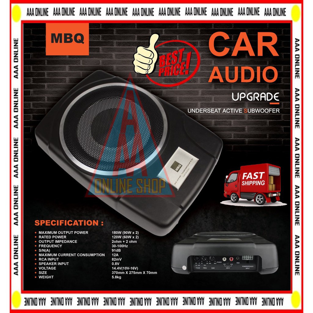 MBQ 8"/10" Car UnderSeat Super Slim Active Subwoofer Built In Amplifier ...