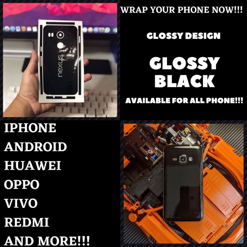 PHONE/ANDROID STICKER WRAP PHONE GLOSSY BLACK | Shopee Malaysia