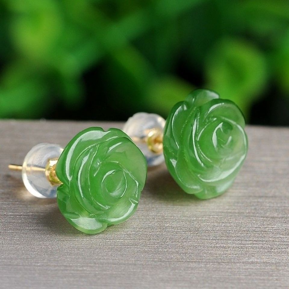 Hotan jade jade jade rose flower earrings grandmother green jade ...