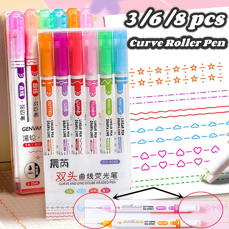 3/6/8pcs Double-headed Highlighter Pens Curve Dotted Lines Contour Pen ...