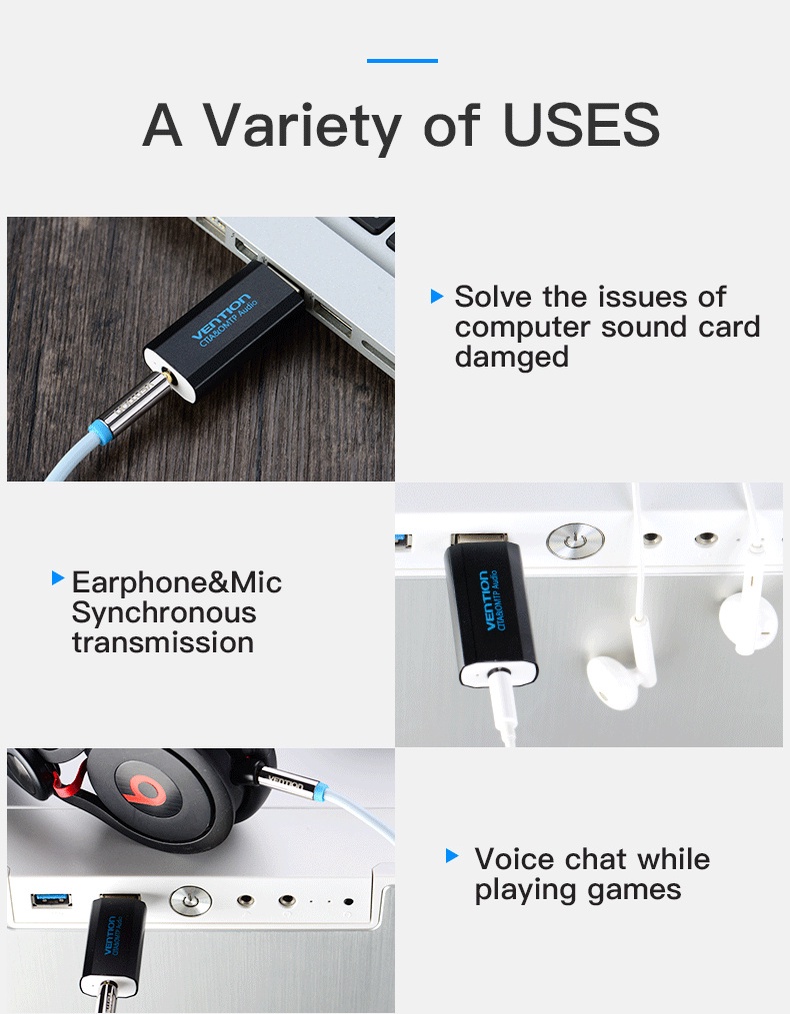 Vention 2-in-1 USB Audio Adapter, Plug and Play Sound Card with 3.5mm ...