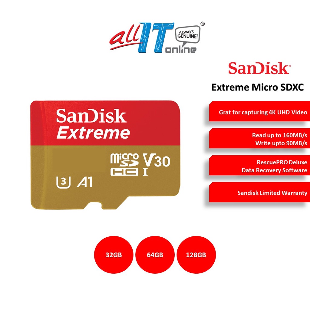 Sandisk Extreme Up To 190MB/S MicroSD Card A2 Class 10 (32GB/64GB/128GB/256GB) (SDSQXAF/SDSQXAH ...