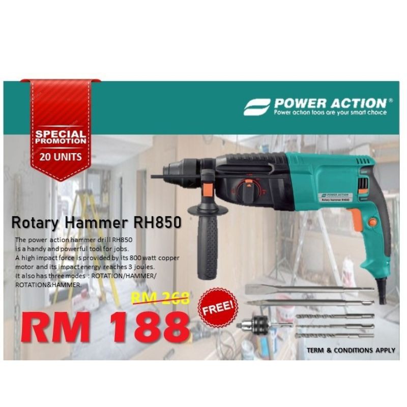 Ready Stock Power Action Rotary Hammer Drill RH850(850W) | Shopee Malaysia