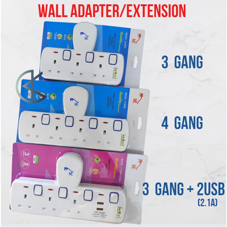 3 Gang / 4 Gang Wall Adapter Extension Cords 2 With USB 2.1A / 3 Pin ...