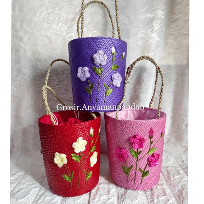 Pandan Bag Colored Embroidered Bucket Parcel Basket/ Woven mendong ...