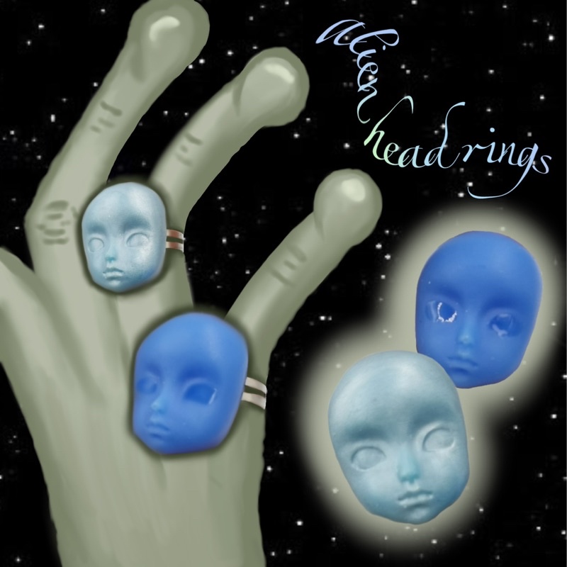 Handmade epoxy resin alien head rings | aesthetic grunge cute jewellery ...