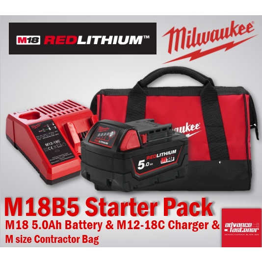 Milwaukee M18B5 5.0Ah Battery Stater Pack / 1 unit M12-18C Standard ...
