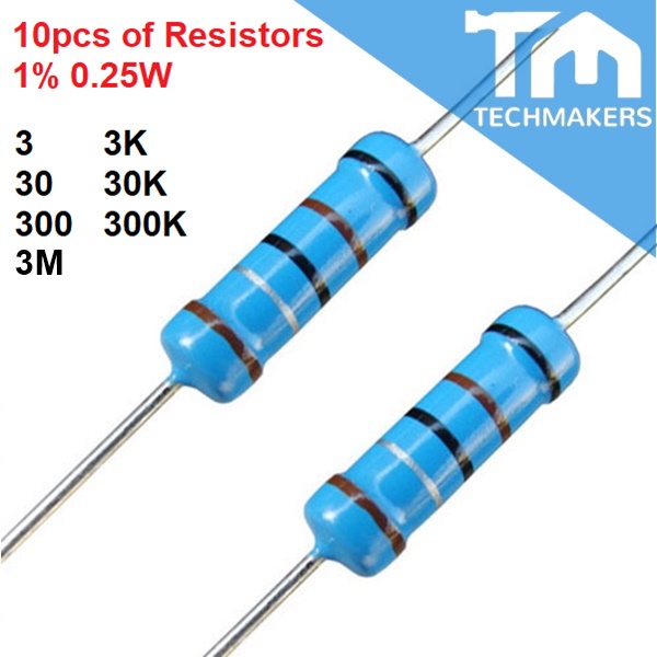 10 pcs of Resistor 1% 0.25W 3, 30, 300, 3K, 30K, 300K, 3M ohm 1/4 0.25 ...