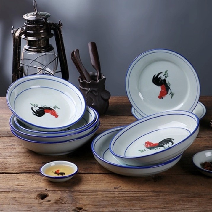 Ceramic Deep Plate Rice Plate Round Dish Plate Low Bowl Vintage Rooster ...