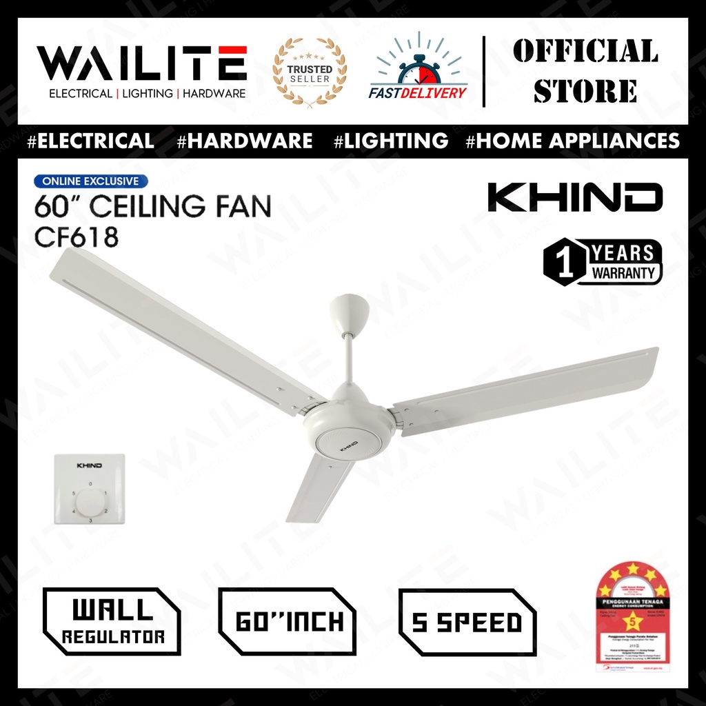 Khind 60" Ceiling Fan CF618 / Metal Blade With 5 Speed Wall Regulator ...