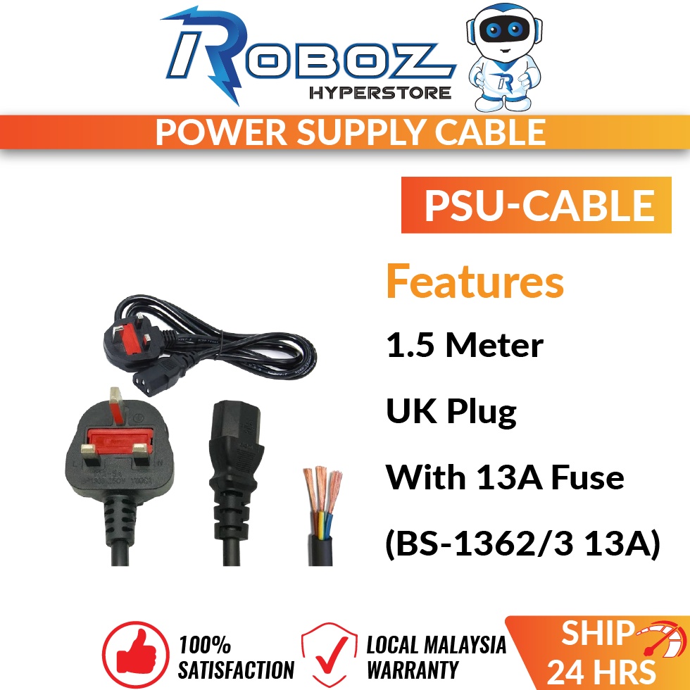 UK 3 Pin Plug Power Supply Cable 13A Fused 3 Core 1.5m Full Copper Wire ...