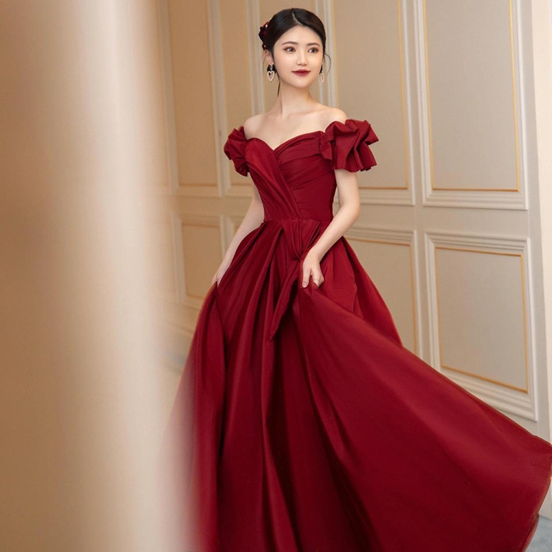 Off Shoulder Wine Red Toast Dress For Bride Satin Engagement Annual ...
