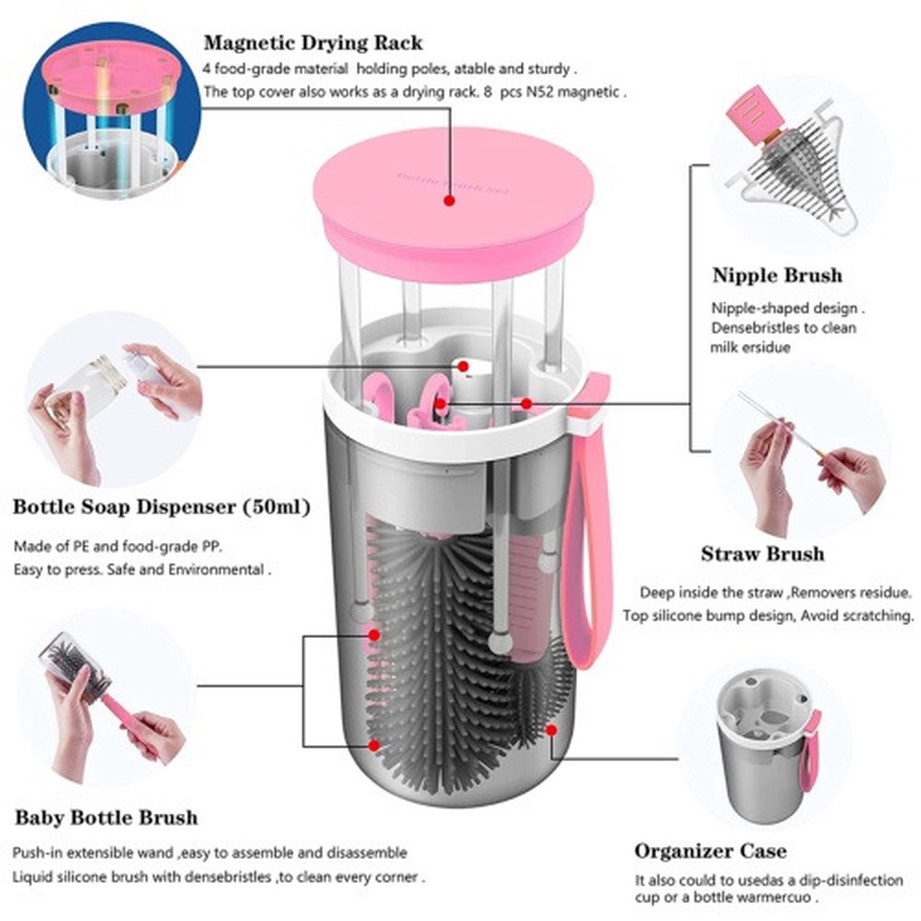 Yotime Infant Baby Bottle Brush Set Tupperware Travel Magnetic Drain ...