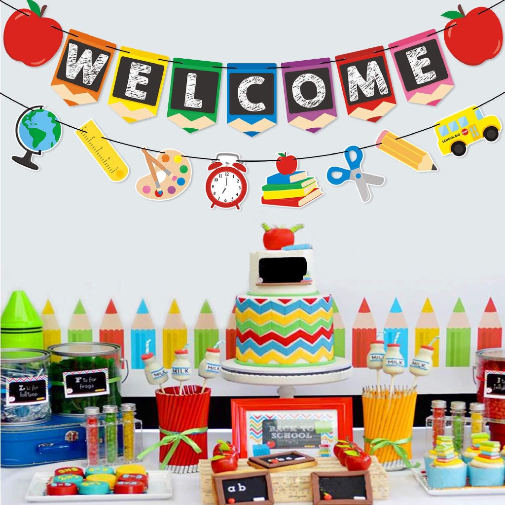 Welcome Banner Kids Back To School Theme Party Apple Pencil Stationery ...