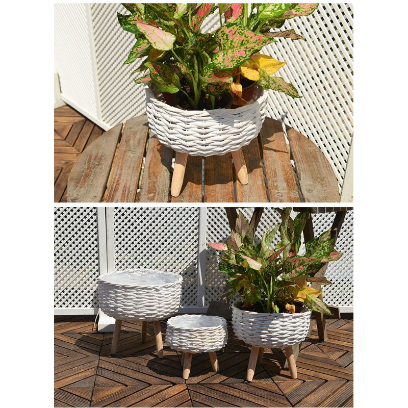 (READY STOCK) Bakul bunga rotan berkaki flower basket set of 3 with leg ...