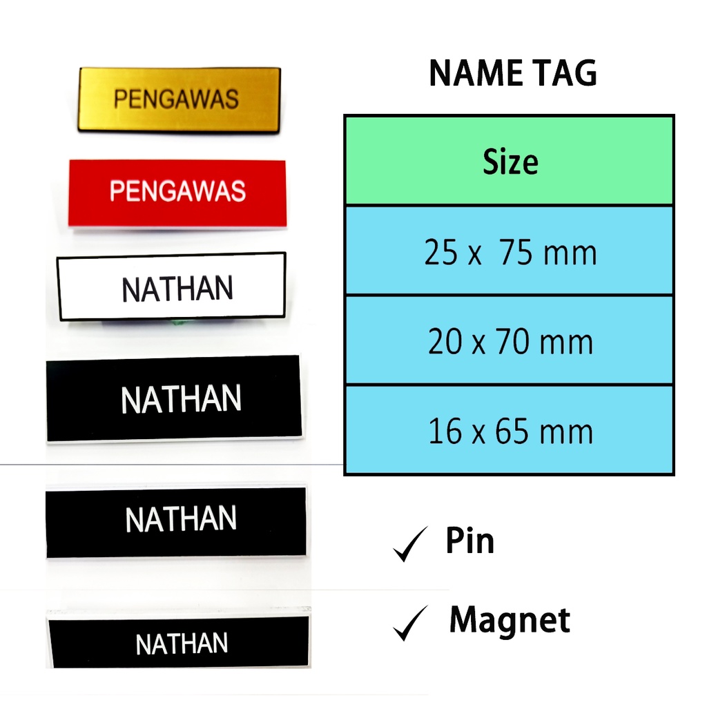 Name Tag pin/magnet | 25x75 mm,20x70mm,16x65mm | Black,White,Blue,Gold ...