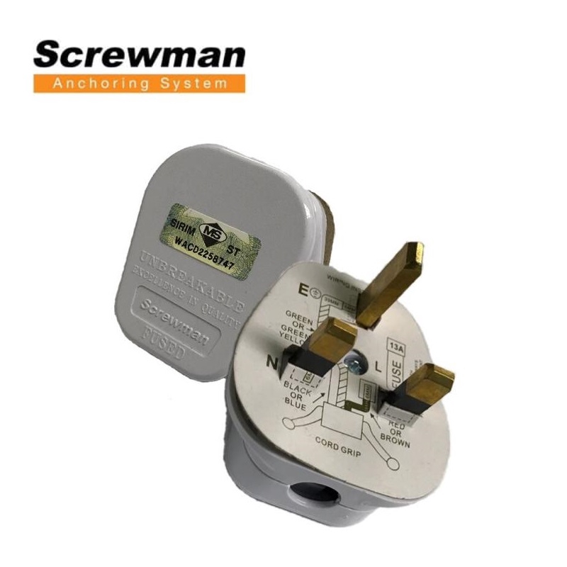 Screwman 13A Plug Top 3 Pin Plug with Sirim Approved - SPT-13A | Shopee ...