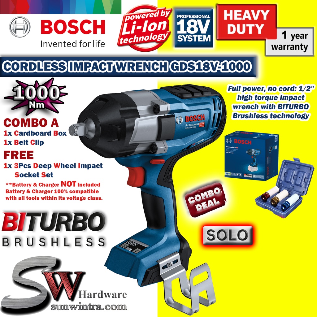 Bosch 1000Nm 1/2" Anvil Cordless Impact Wrench GDS18V-1000 GDS 18V-1000,**SOLO or Battery ...