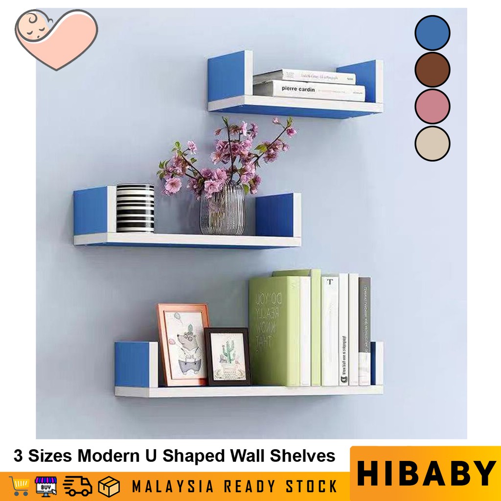HIBABY 3 Set Different Size Floating Wall Shelves Rack U Shape Book ...