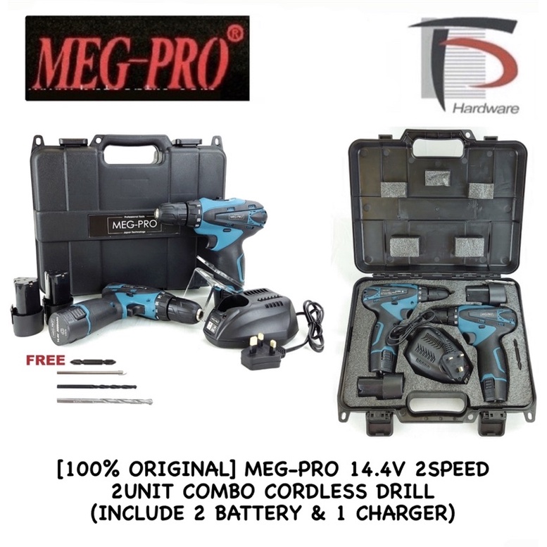 [100% ORIGINAL] MEG-PRO 14.4V 2SPEED 2UNIT COMBO CORDLESS BATTERY DRILL ...