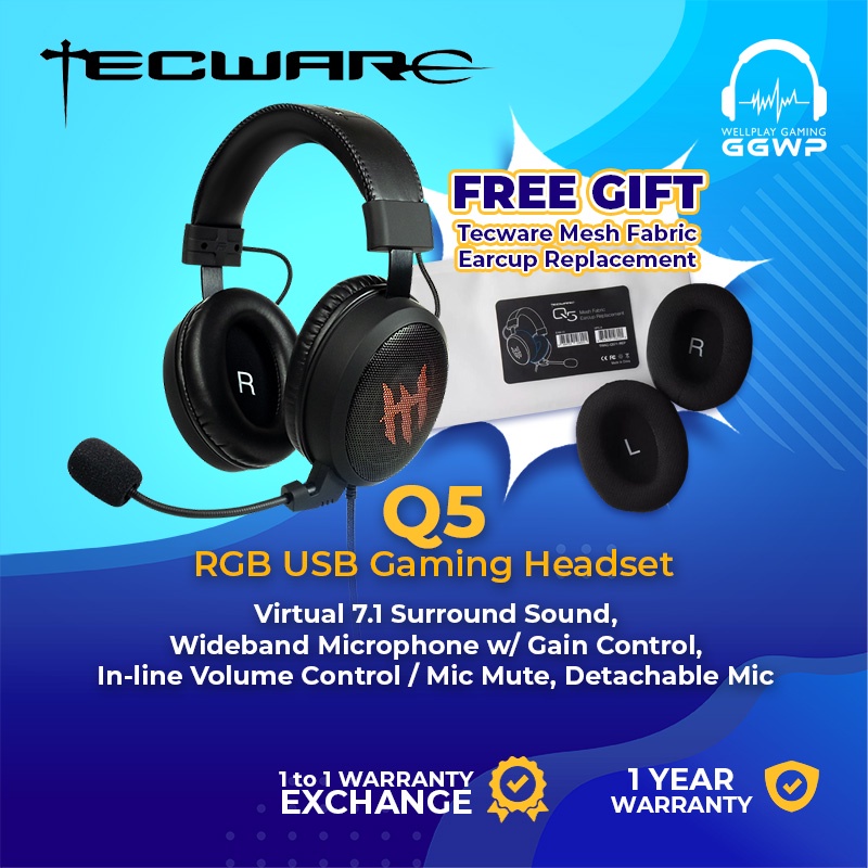 Tecware Q5 7.1 Surround RGB USB Gaming Headset Wide band detachable Mic ...