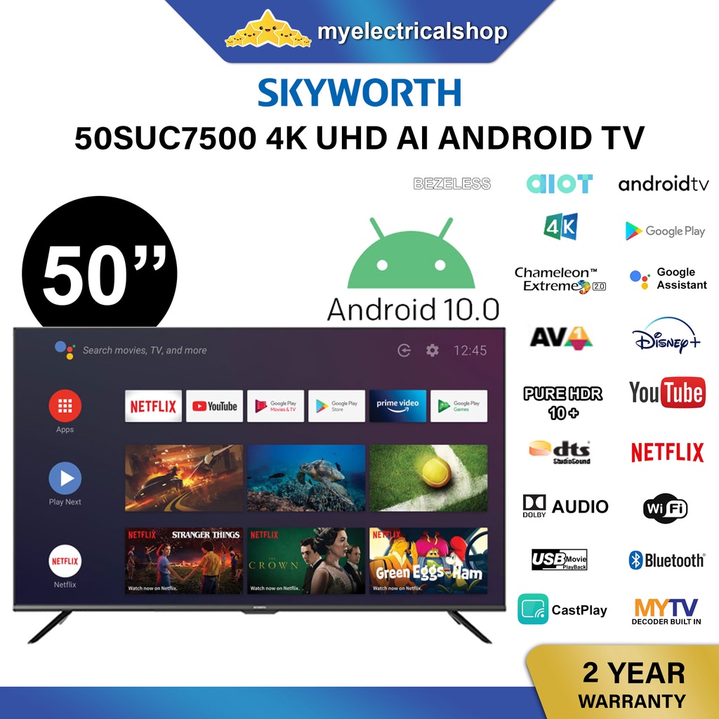 Skyworth 50 Inch 4K UHD Android TV Bezeless 50SUC7500 DVB-T2 Netflix ...