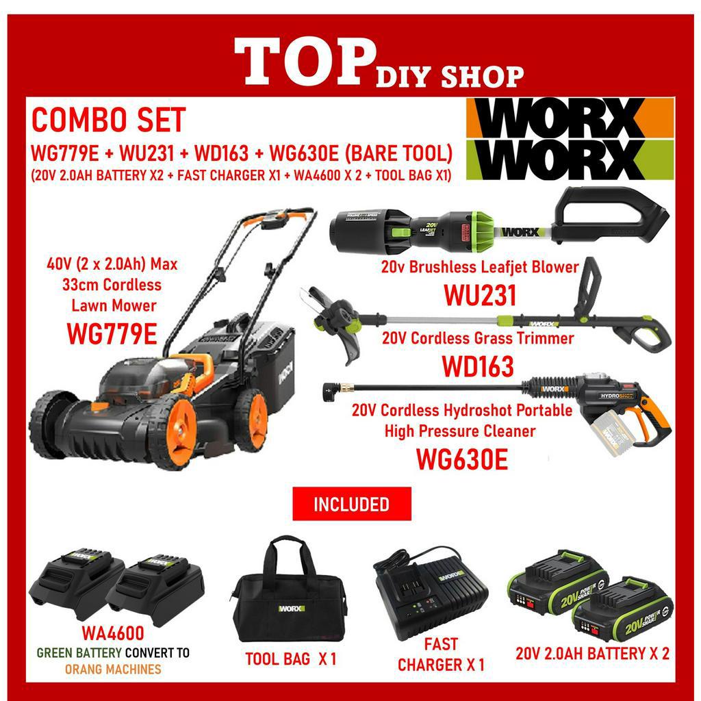 WORX COMBO WG779E Lawn Mover + WD163 Cordless Grass Cutter Electric Grass Trimmer + WU231 ...