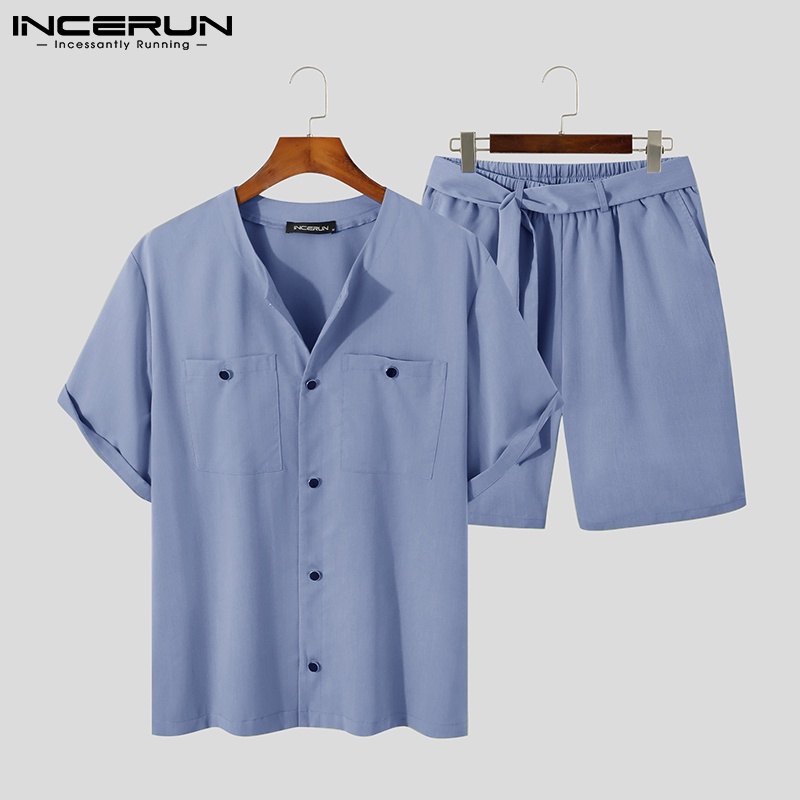 INCERUN Men's Short Sleeve Collarless Top + Drawstring Shorts Casual ...