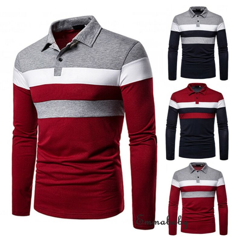 Mens 3 Color Hit Color Casual Stripe POLO Shirt Business Fit Long ...