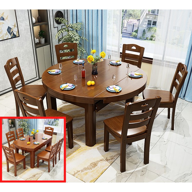 Extendable Dining Table Chairs Set Round Solid Wood 6 8 10 Seater Table ...